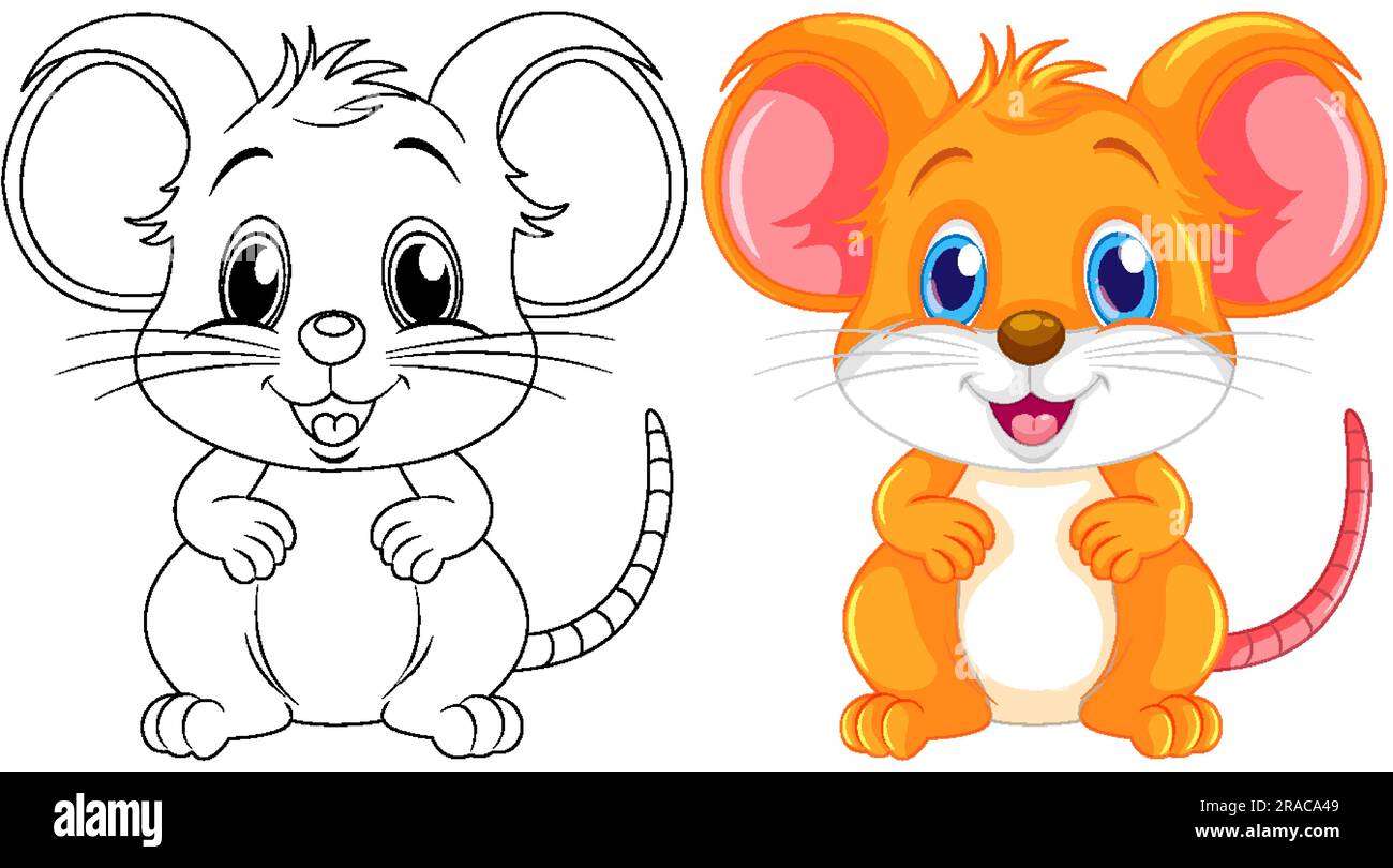 Coloring cute rat cartoon and its colour illustration Stock Vector ...