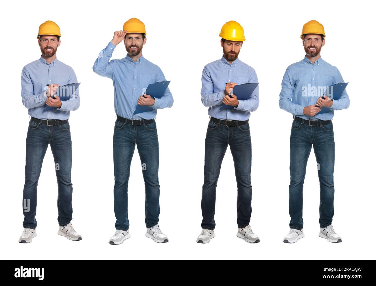 Photos of engineer with hardhat and clipboard on white background ...