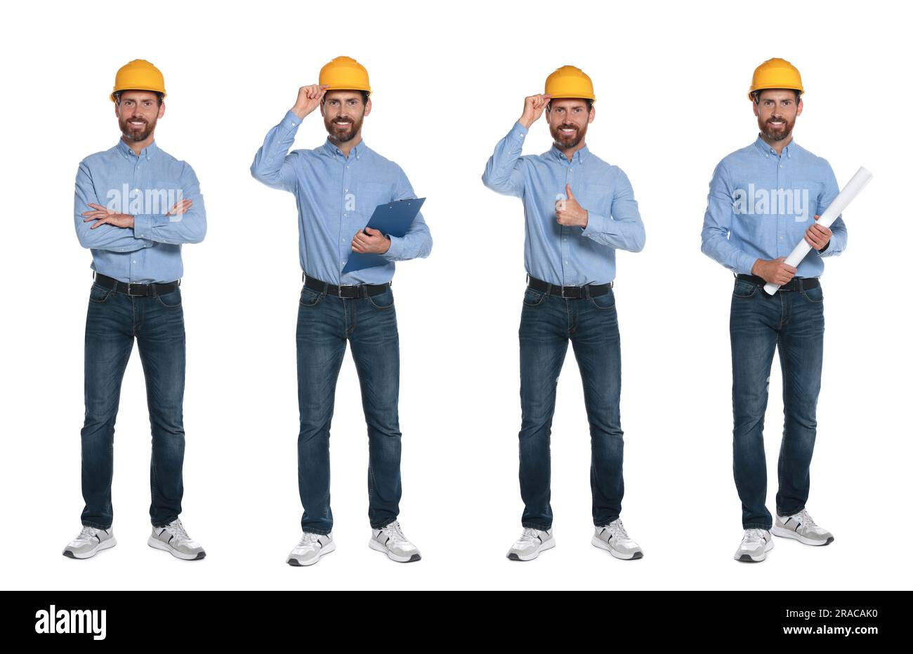 Photos of engineer with hardhat and clipboard on white background ...