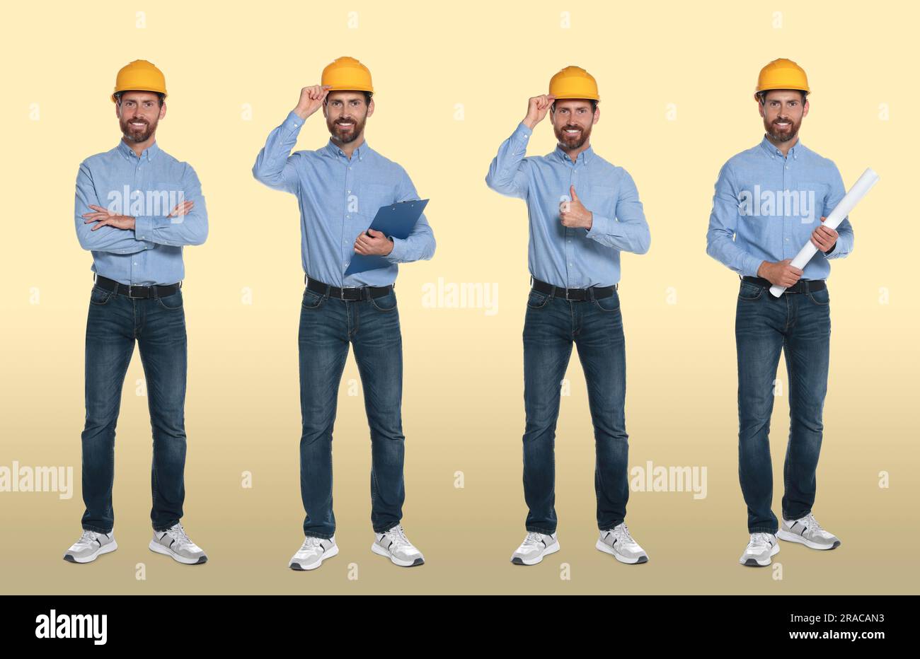 Photos of engineer with hardhat and clipboard on beige background ...