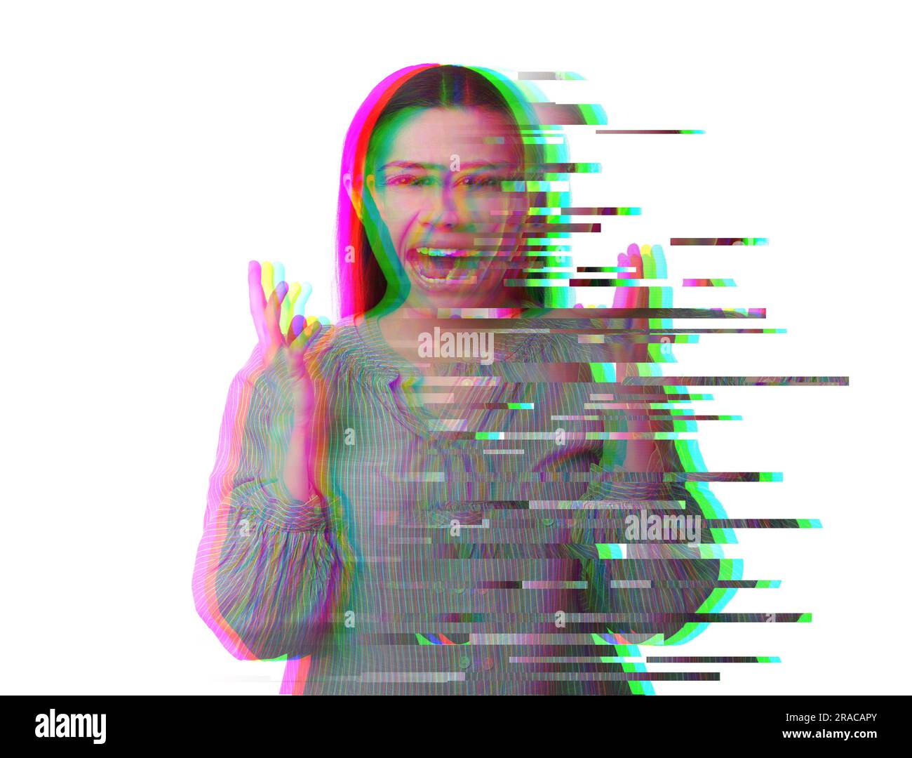 Paranoia. Woman screaming on white background, glitch effect Stock ...