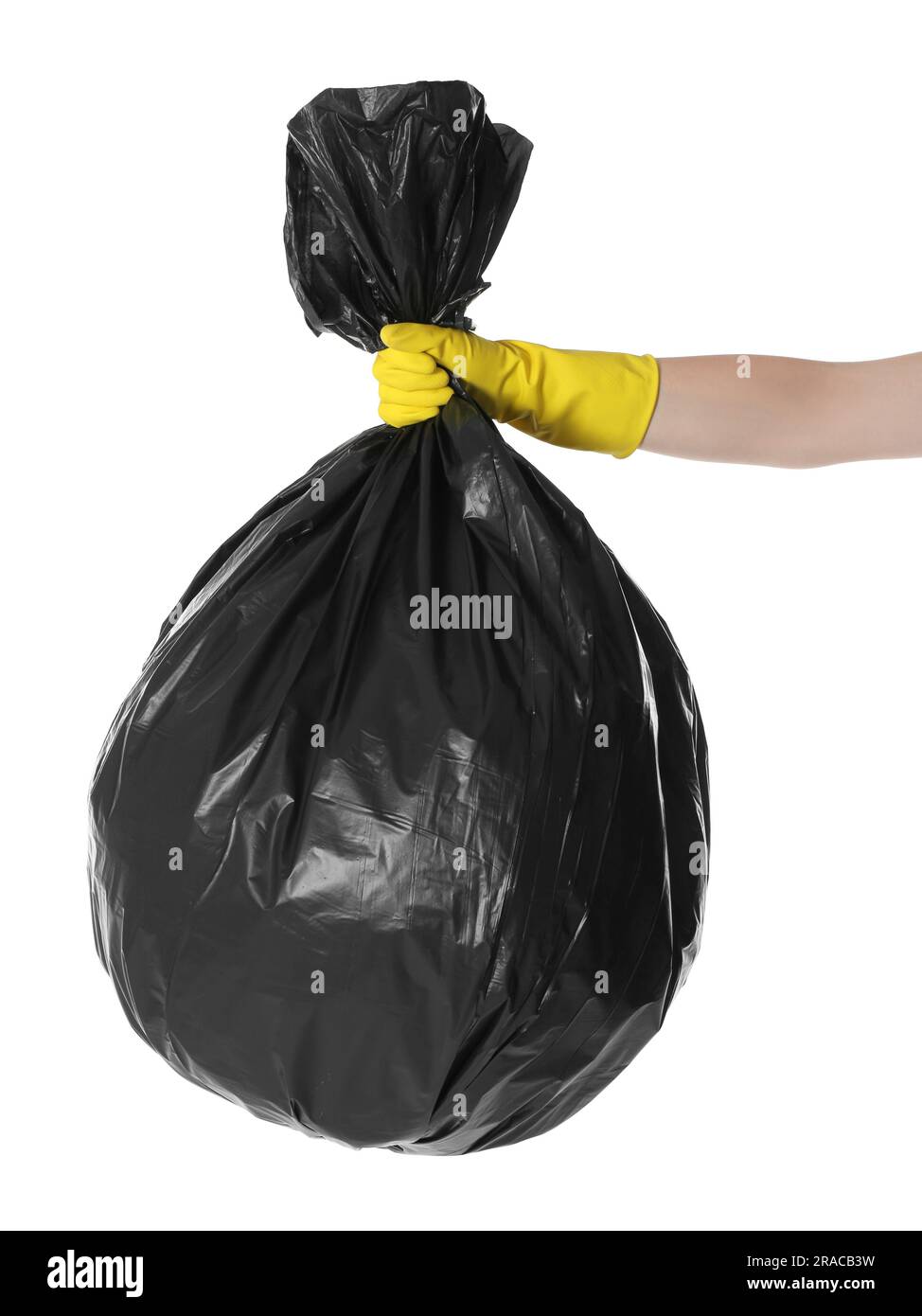 Janitor in rubber glove holding trash bag full of garbage on white ...