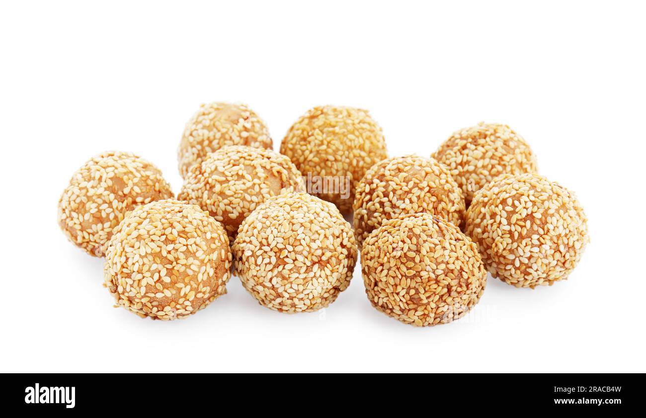 Many delicious sesame balls on white background Stock Photo - Alamy