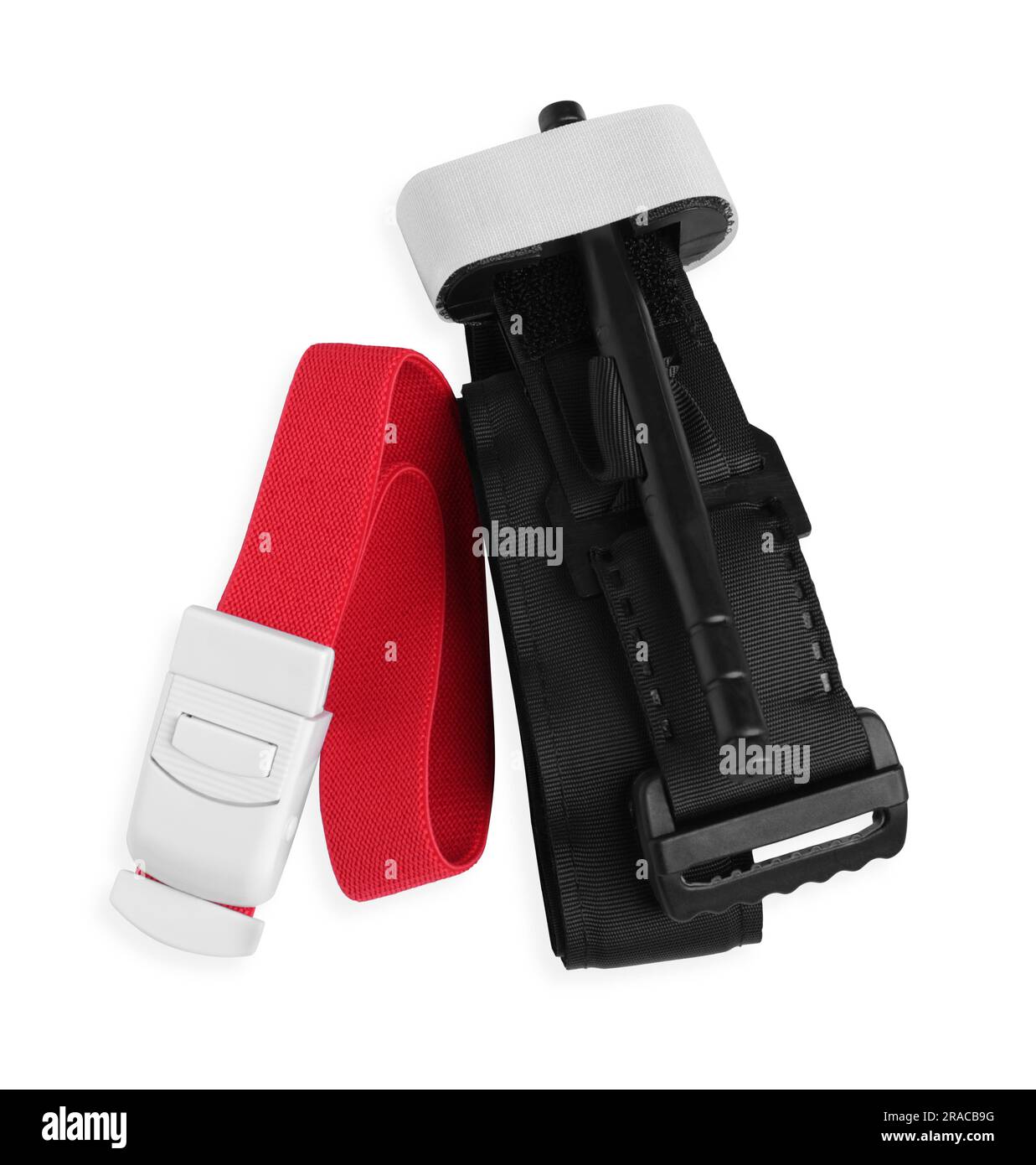 First aid tourniquets isolated on white, top view. Medical equipment ...