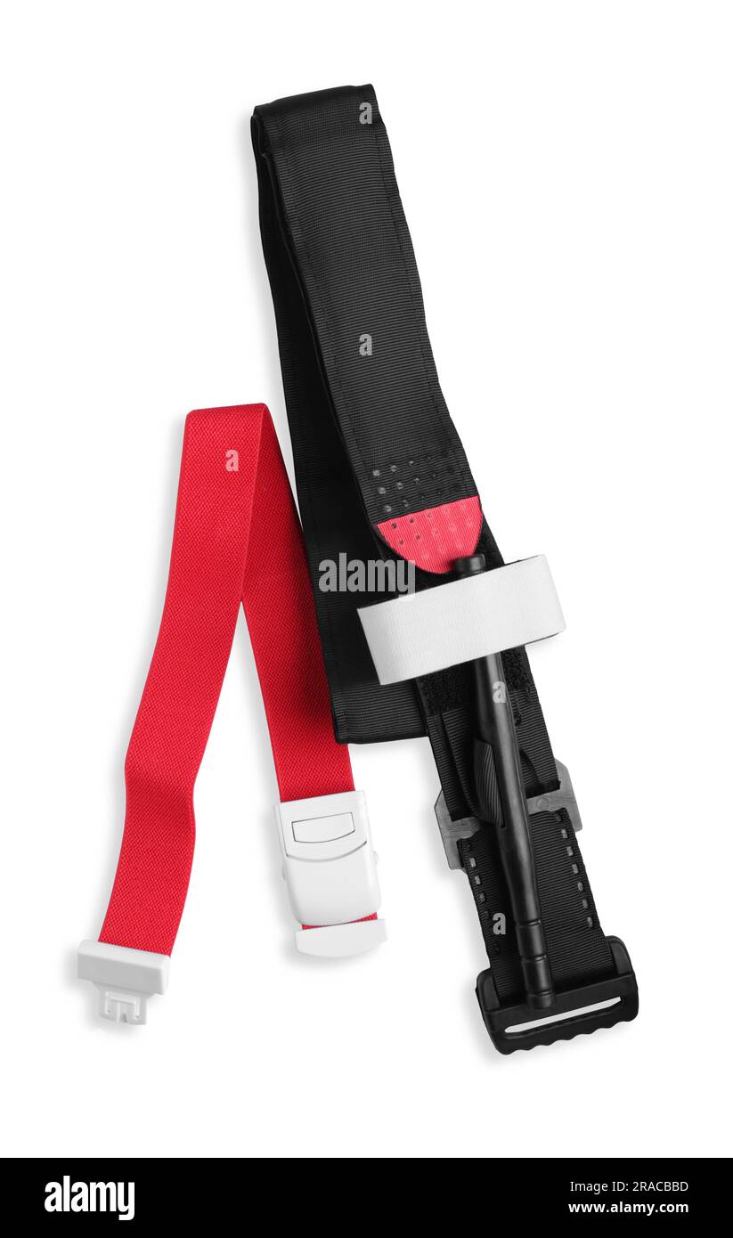 First aid tourniquets isolated on white, top view. Medical equipment ...