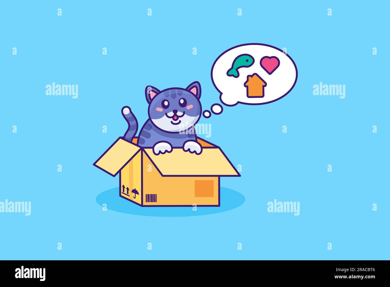 Little cute small homeless kitten sits in cardboard box and waits for ...