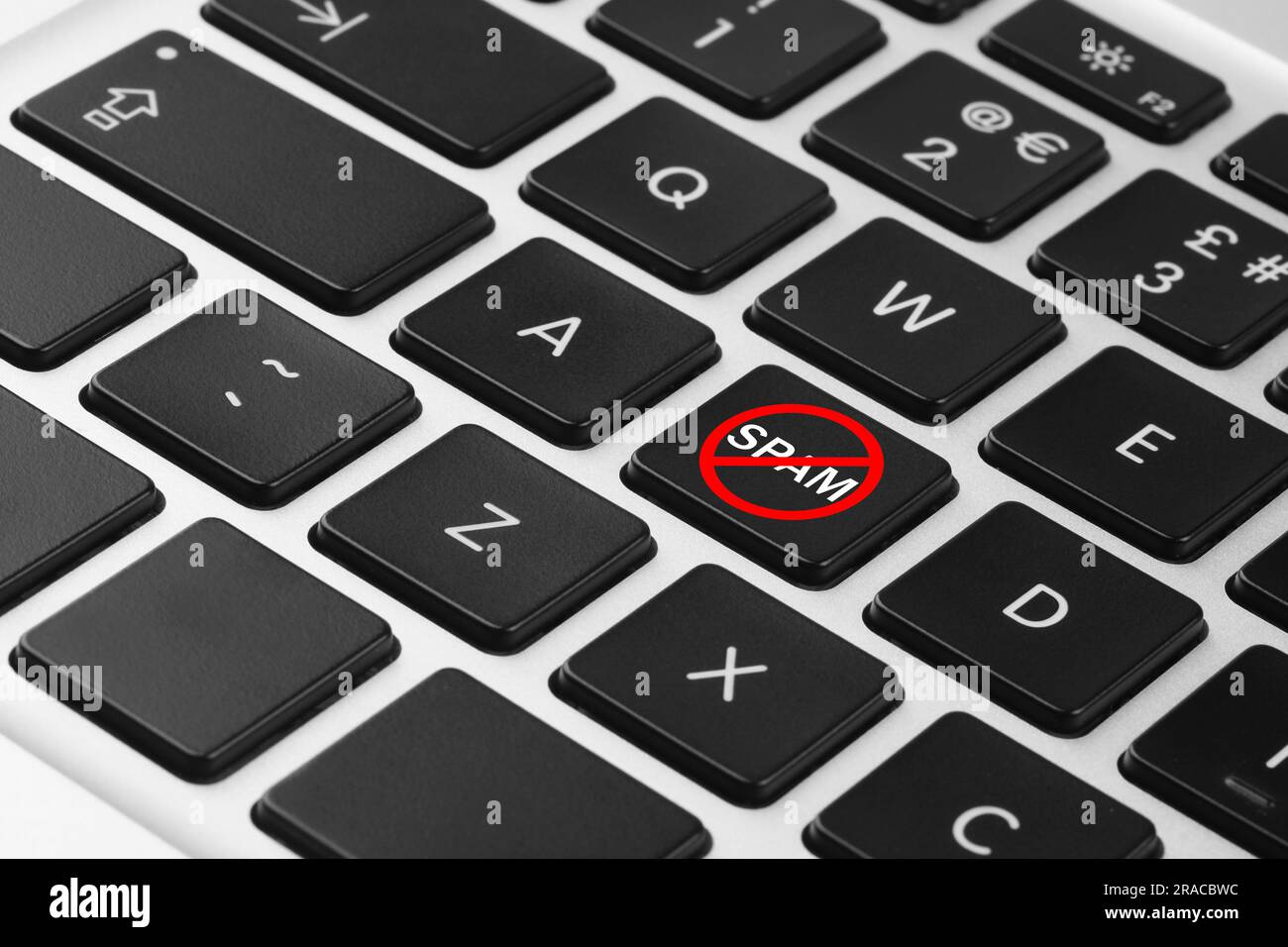 Prohibition sign with word Spam on laptop button, closeup. Device ...