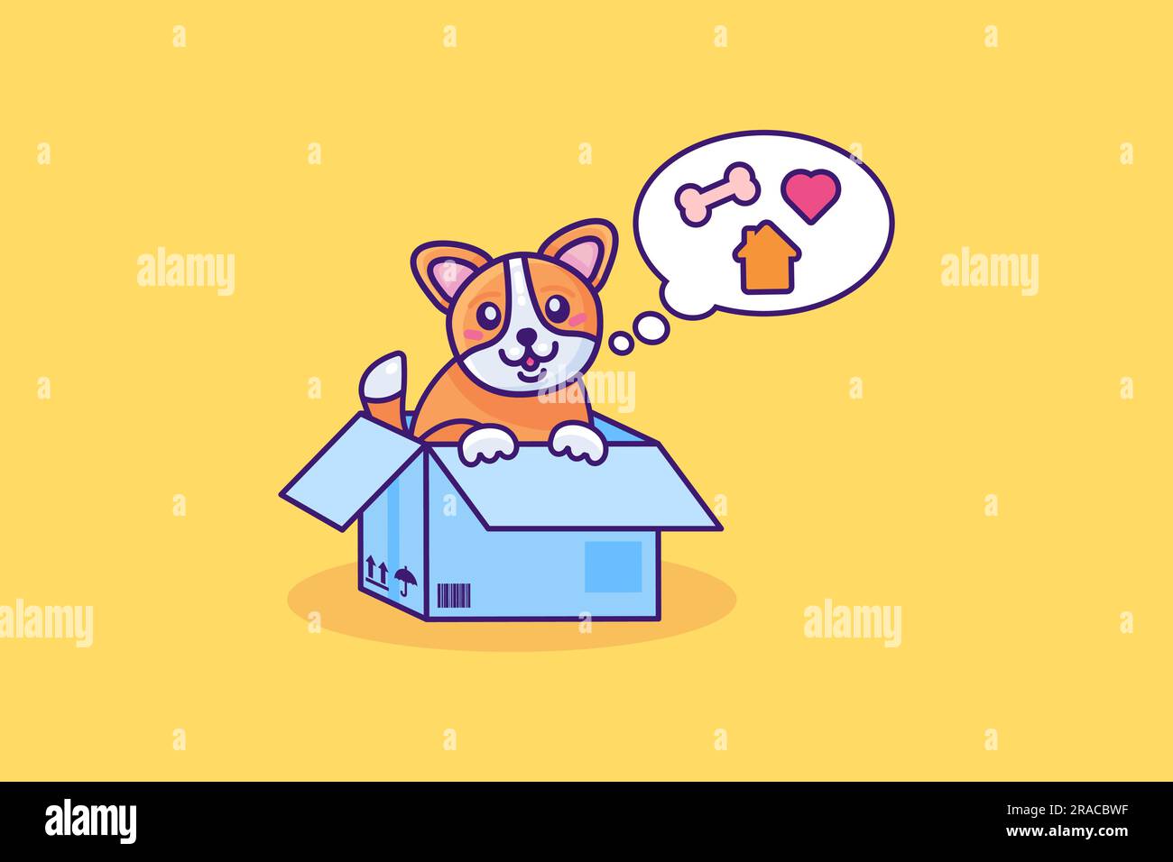 Little cute small homeless puppy sits in cardboard box and waits for ...