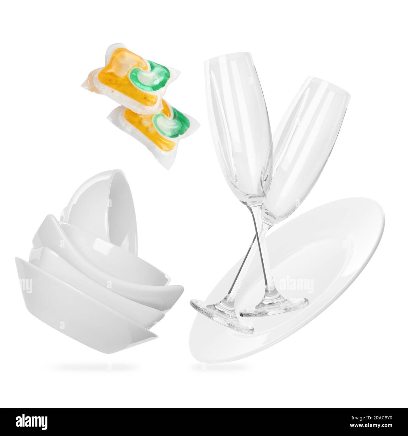 Dishwasher pods and clean tableware flying on white background Stock ...