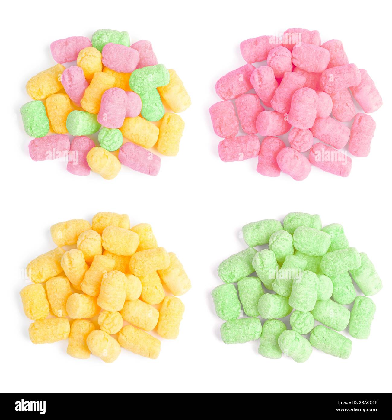 Collage with piles of colorful corn puffs on white background, top view ...
