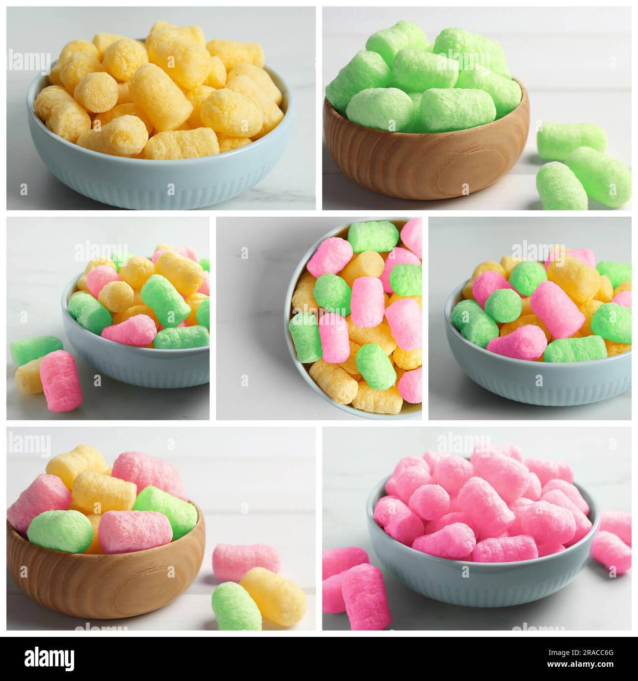 Collage of bowls with colorful corn puffs on white background Stock ...