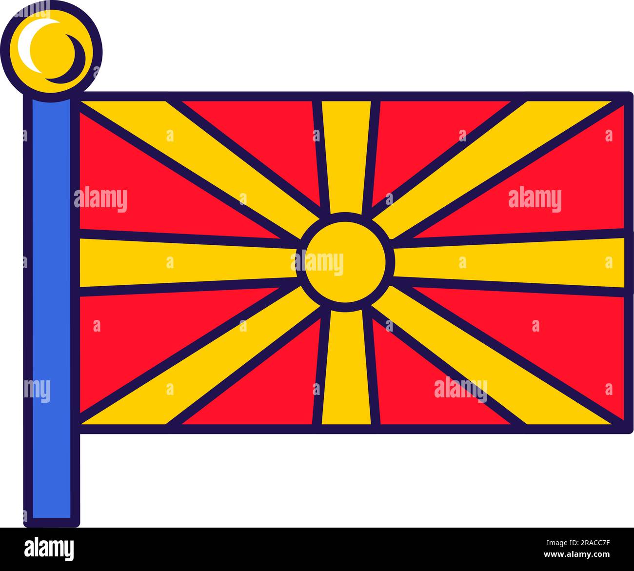 North macedonia nation flag on flagpole vector. Yellow sun on red field ...