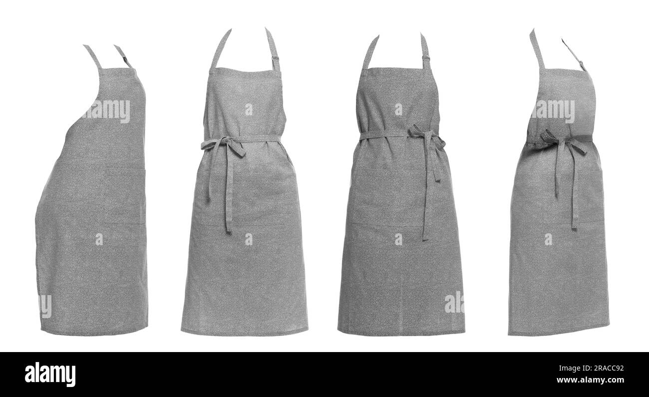 Collage with grey apron isolated on white, different sides Stock Photo ...