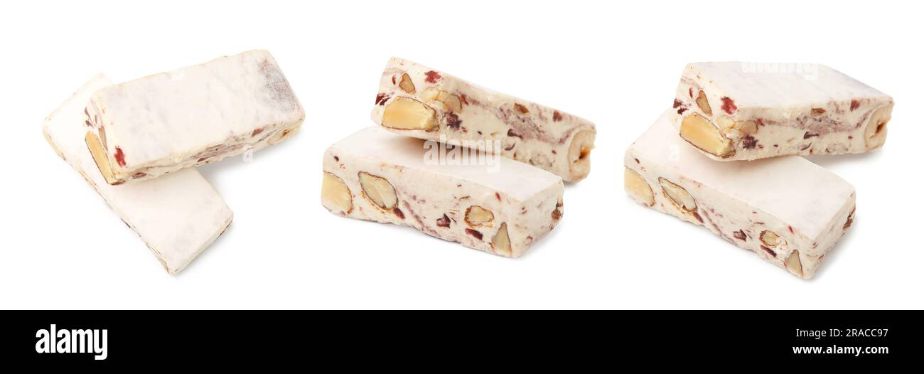 Delicious nougat with nuts on white background, different sides ...