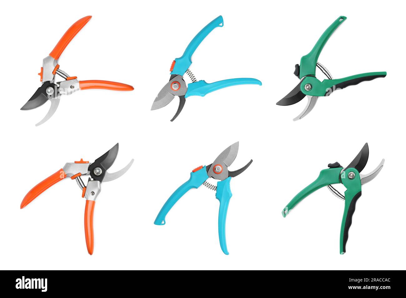 Collage with different color secateurs on white background. Gardening ...