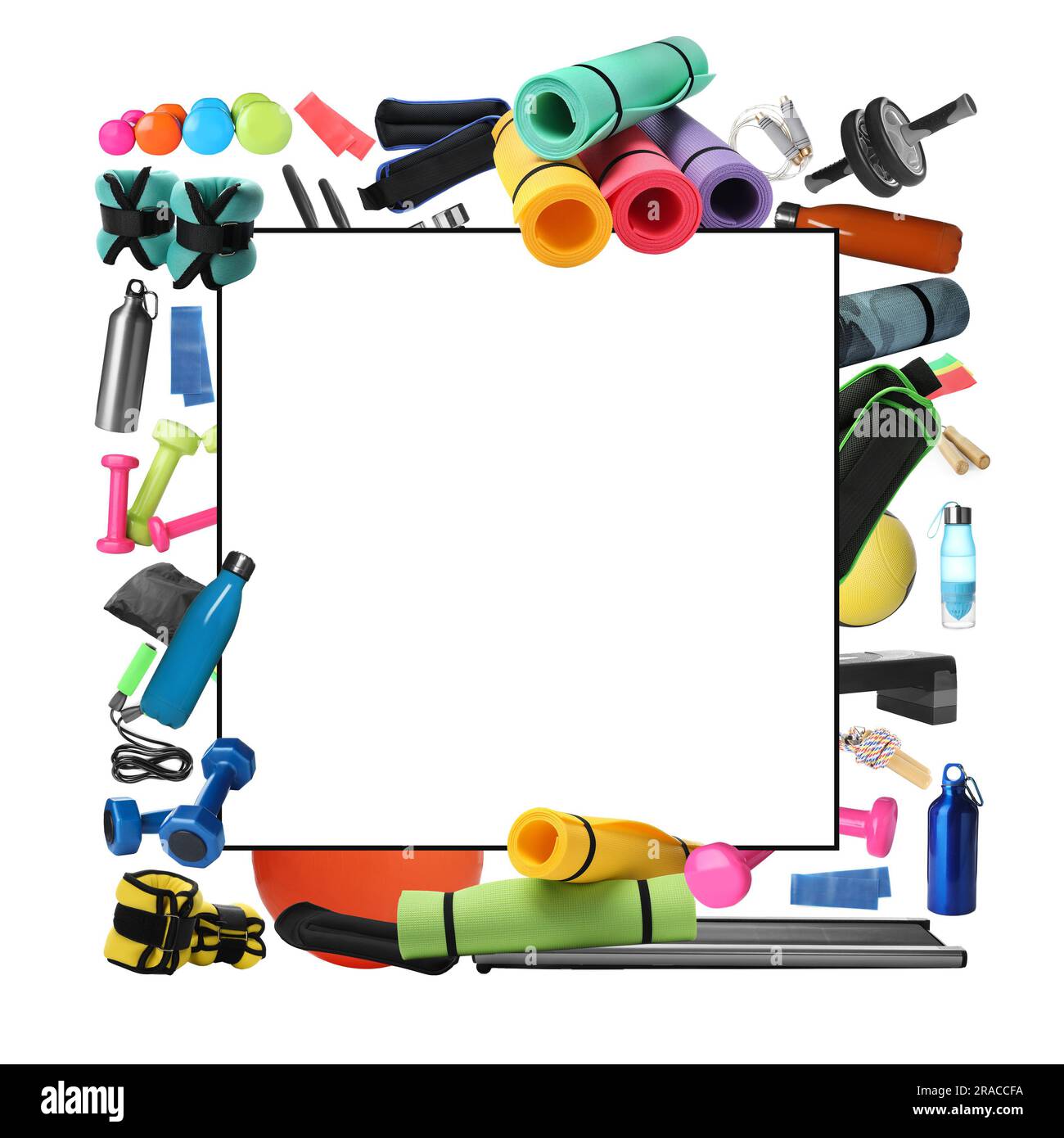 Square frame and different sports equipment on white background Stock ...