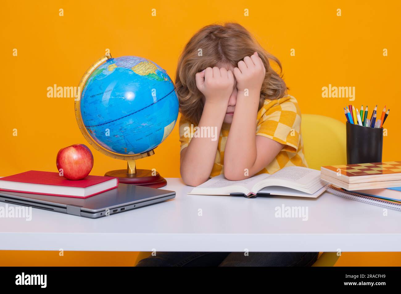 Sad, tired and bored pupil. School and education concept. Portrait of ...