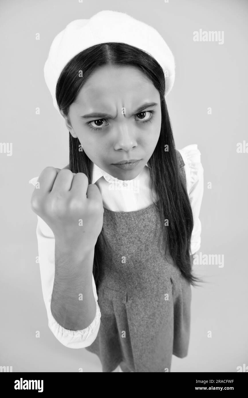 Childhood emotion anger and hate. Teenager girl frowning upset because ...