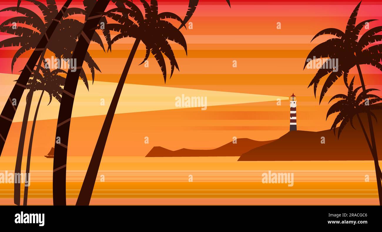 Banner Lighthouse tower, beacon on tropical seashore ocean with ray of ...