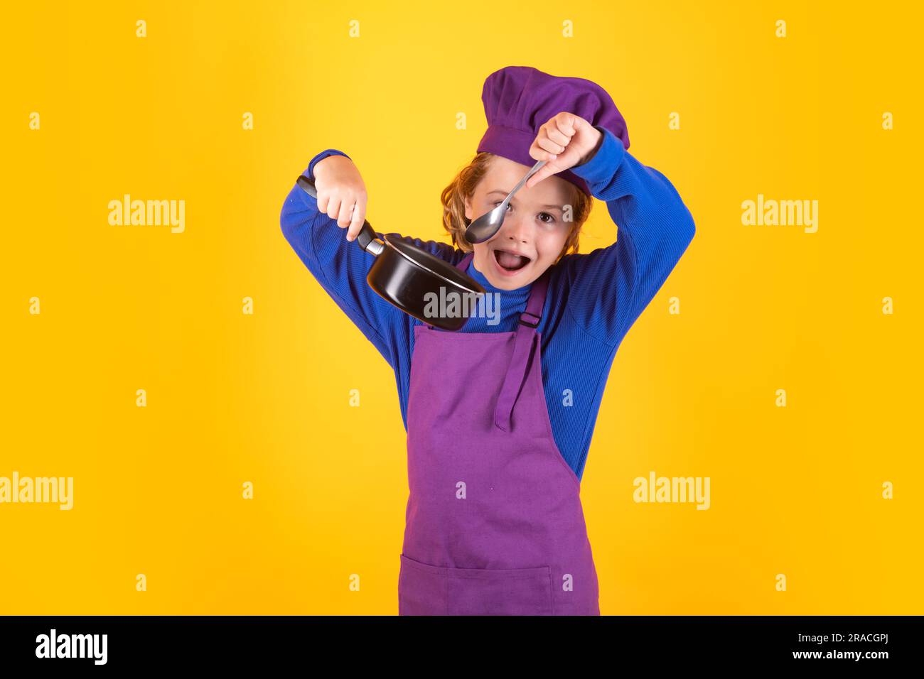 Kid chef cook with cooking pot stockpot. Cooking children. Chef kid boy ...