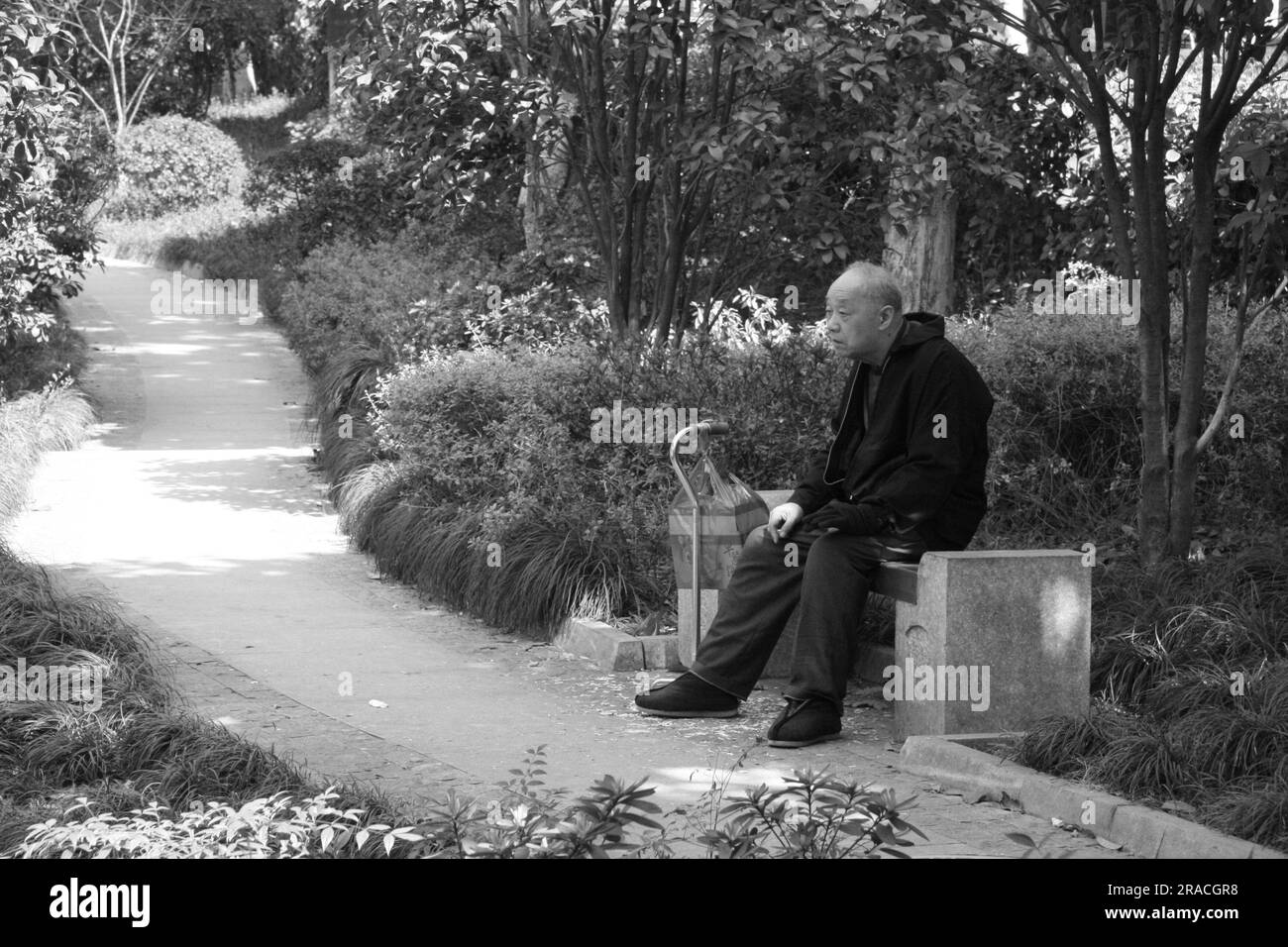 Elderly Man waiting on Bench near Xihu (west lake) in Hangzhou China ...
