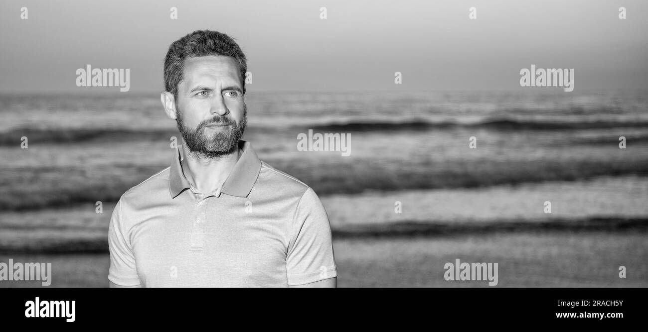 Man face portrait, banner with copy space. charismatic man with beard ...