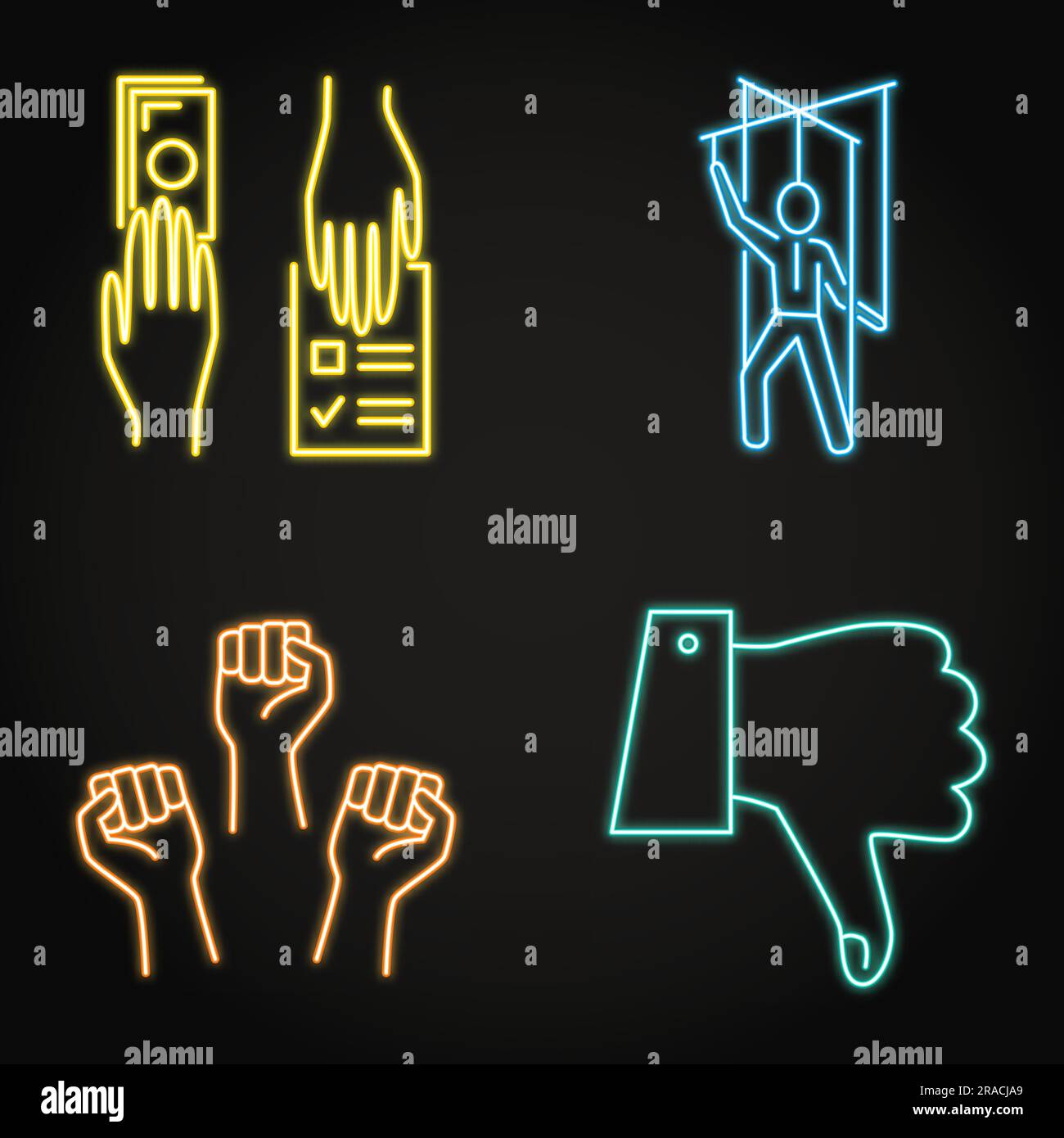 Corruption and unfair election neon icon set. Bribe, manipulation and ...