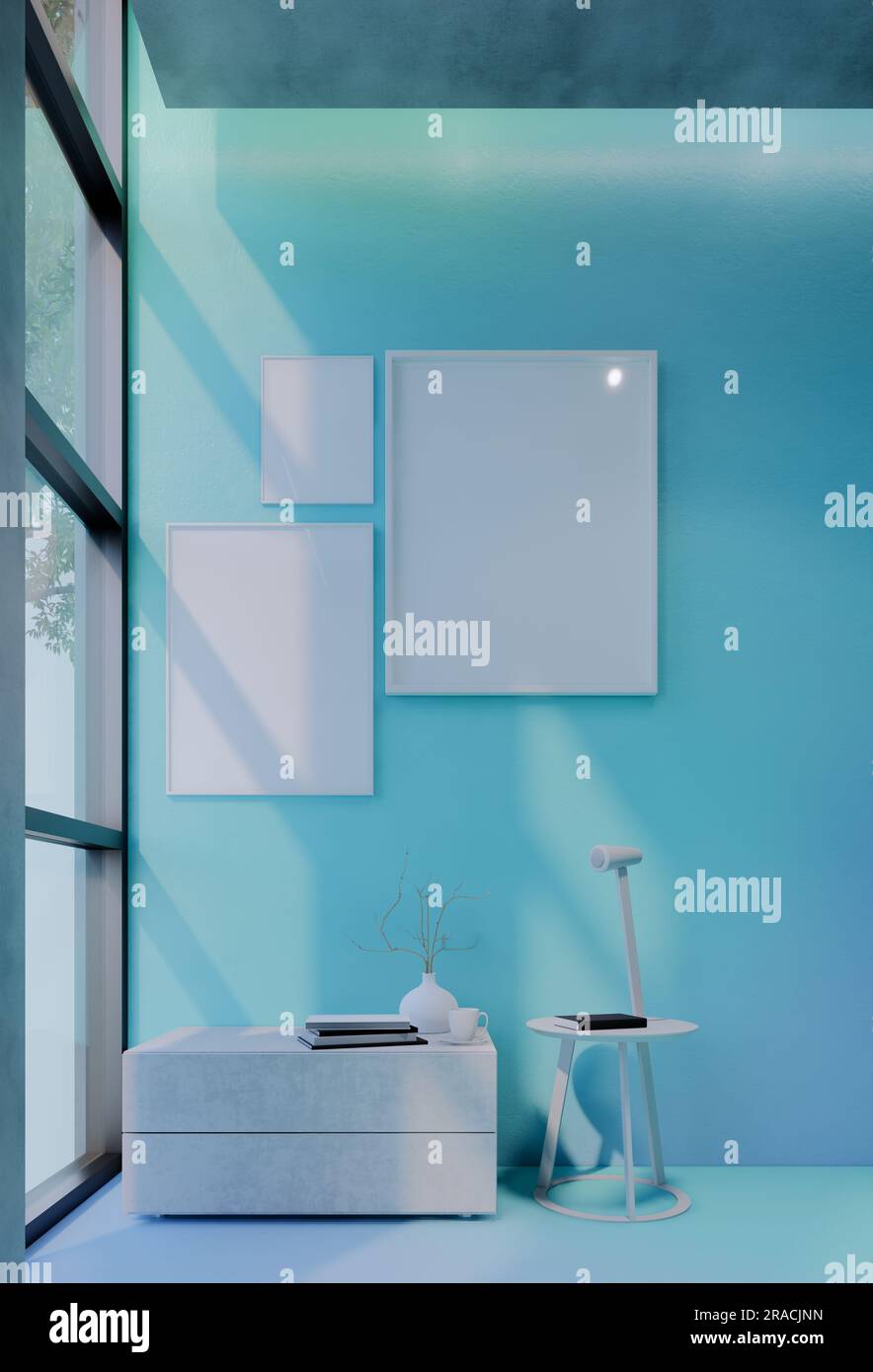 Frame photo mockup with sky blue wall background. 3D Render ...