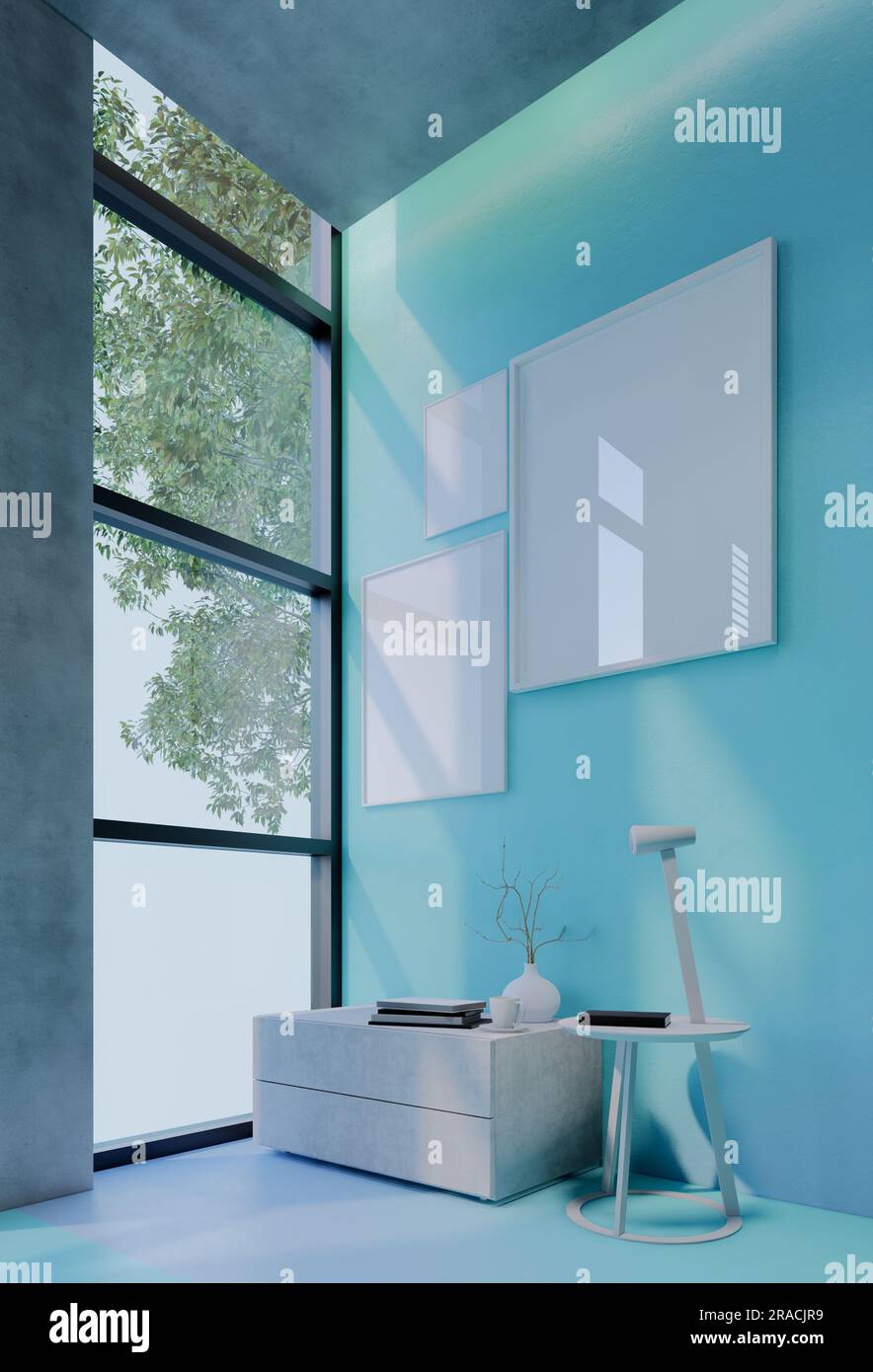 Frame photo mockup with sky blue wall background. 3D Render ...