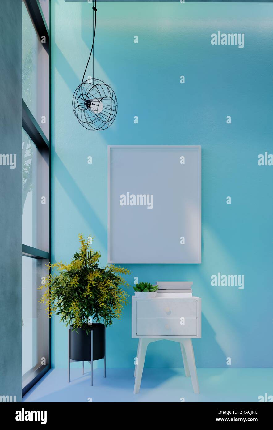 Frame photo mockup with sky blue wall background. 3D Render ...