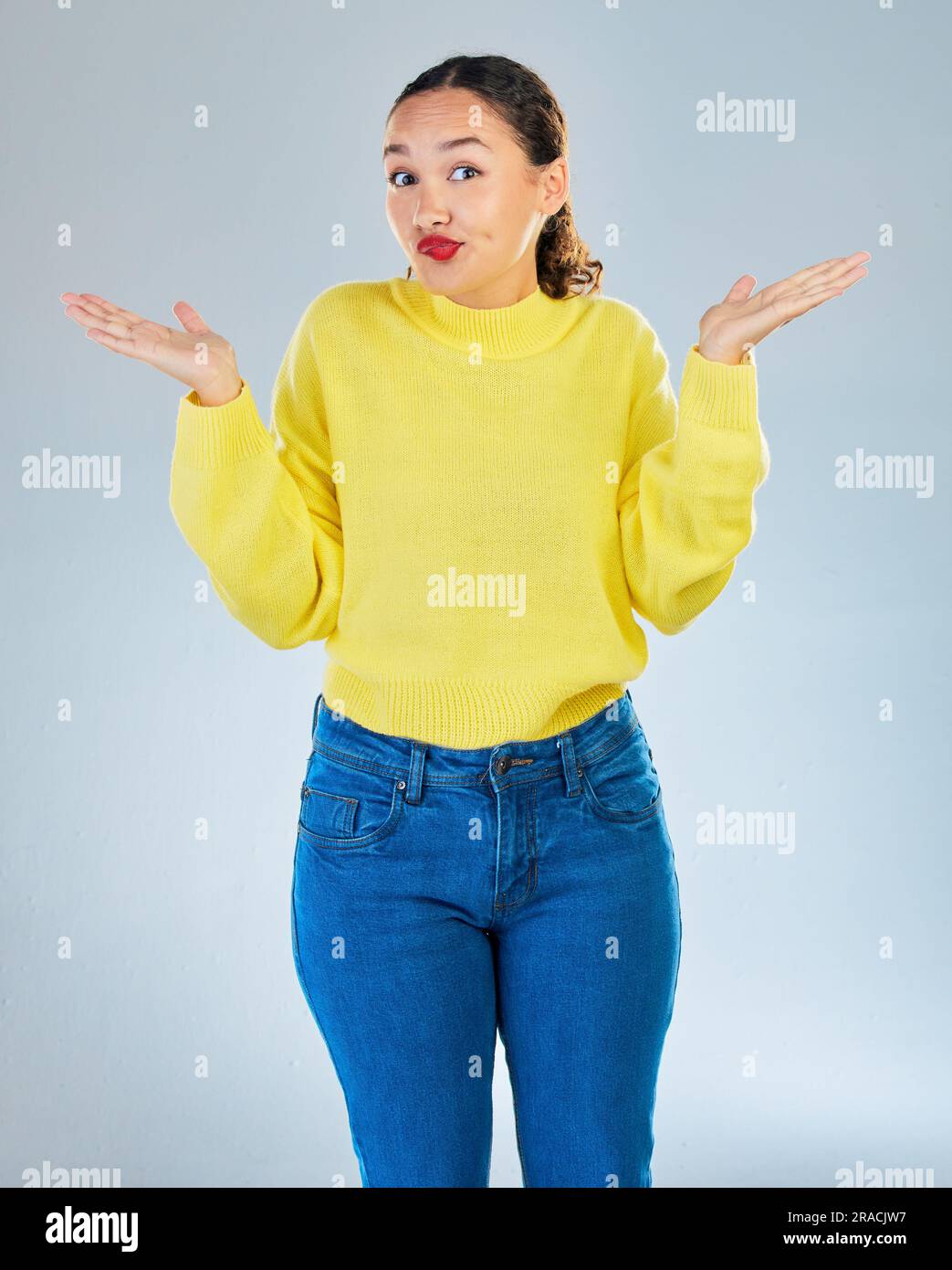 Portrait, confused woman and shrug in studio, white background or ...