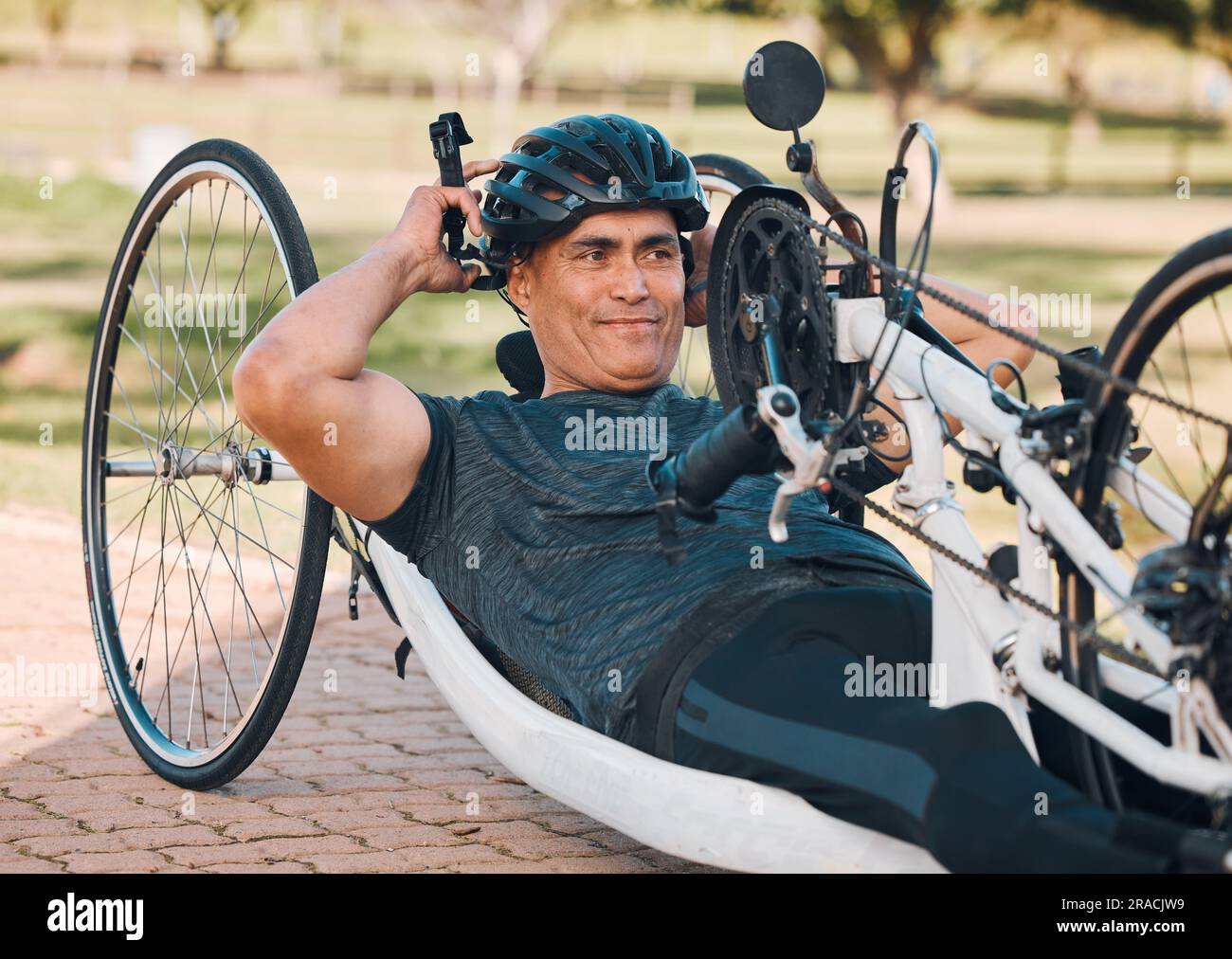 Sports, athlete or a man with a disability and bike for handicap race ...