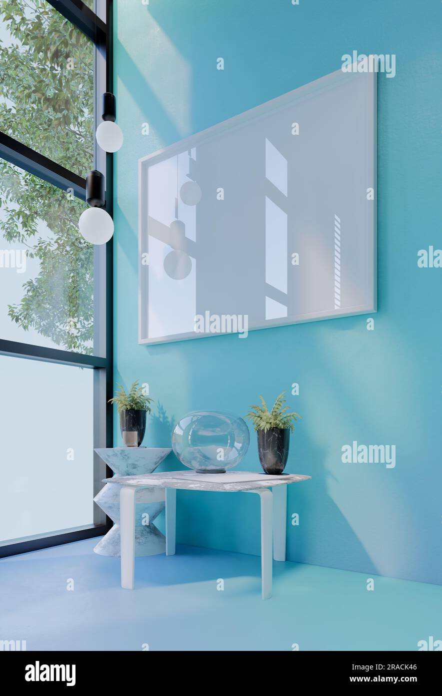 Frame photo mockup with sky blue wall background. 3D Render ...