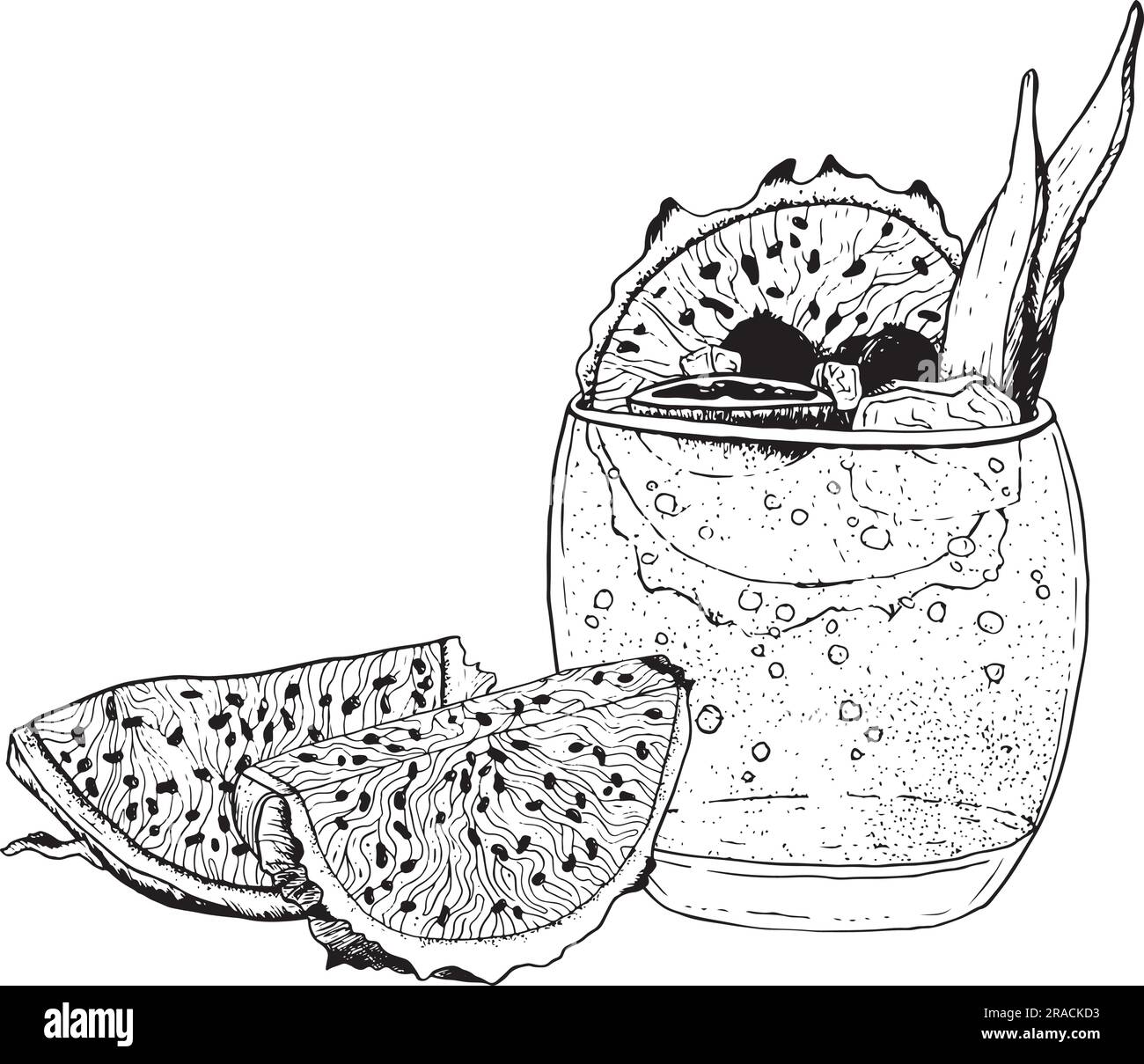 Summer lemonade drink cocktail with dragon fruit slices, berries and ...