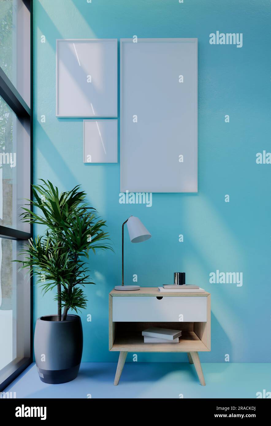 Frame photo mockup with sky blue wall background. 3D Render ...