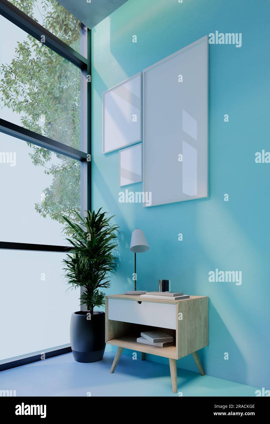 Frame photo mockup with sky blue wall background. 3D Render ...