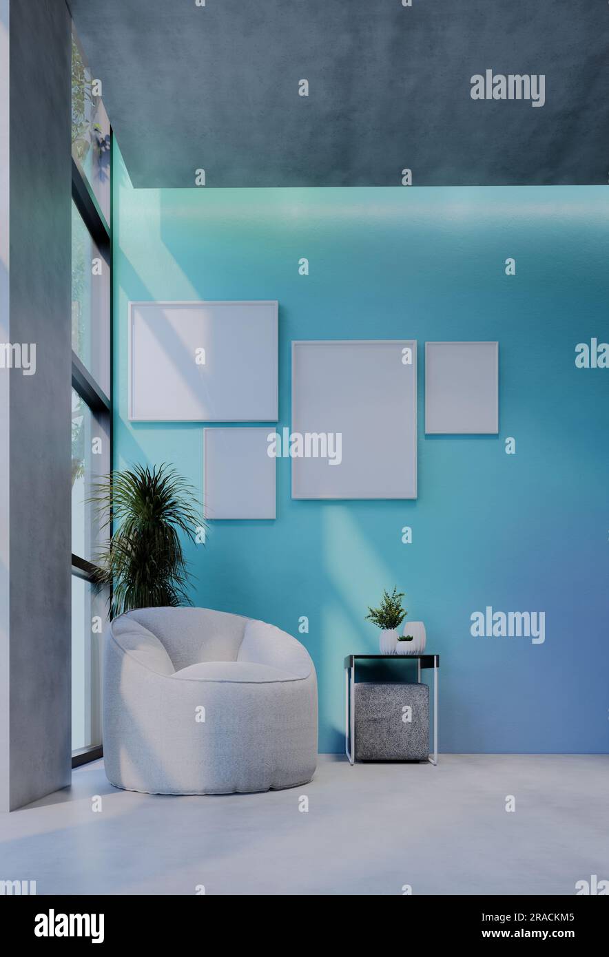 Frame photo mockup with sky blue wall background. 3D Render ...