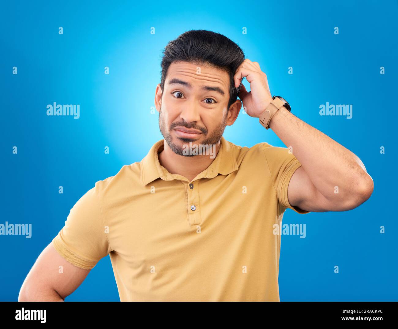 Portrait, head scratch and man confused over question, doubt or uncertain about problem crisis ...