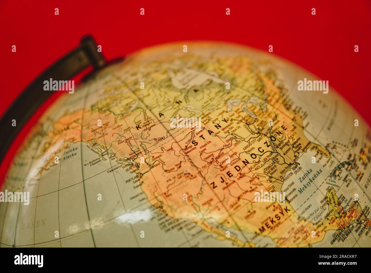 detail of a globe model with political map on the red background Stock ...