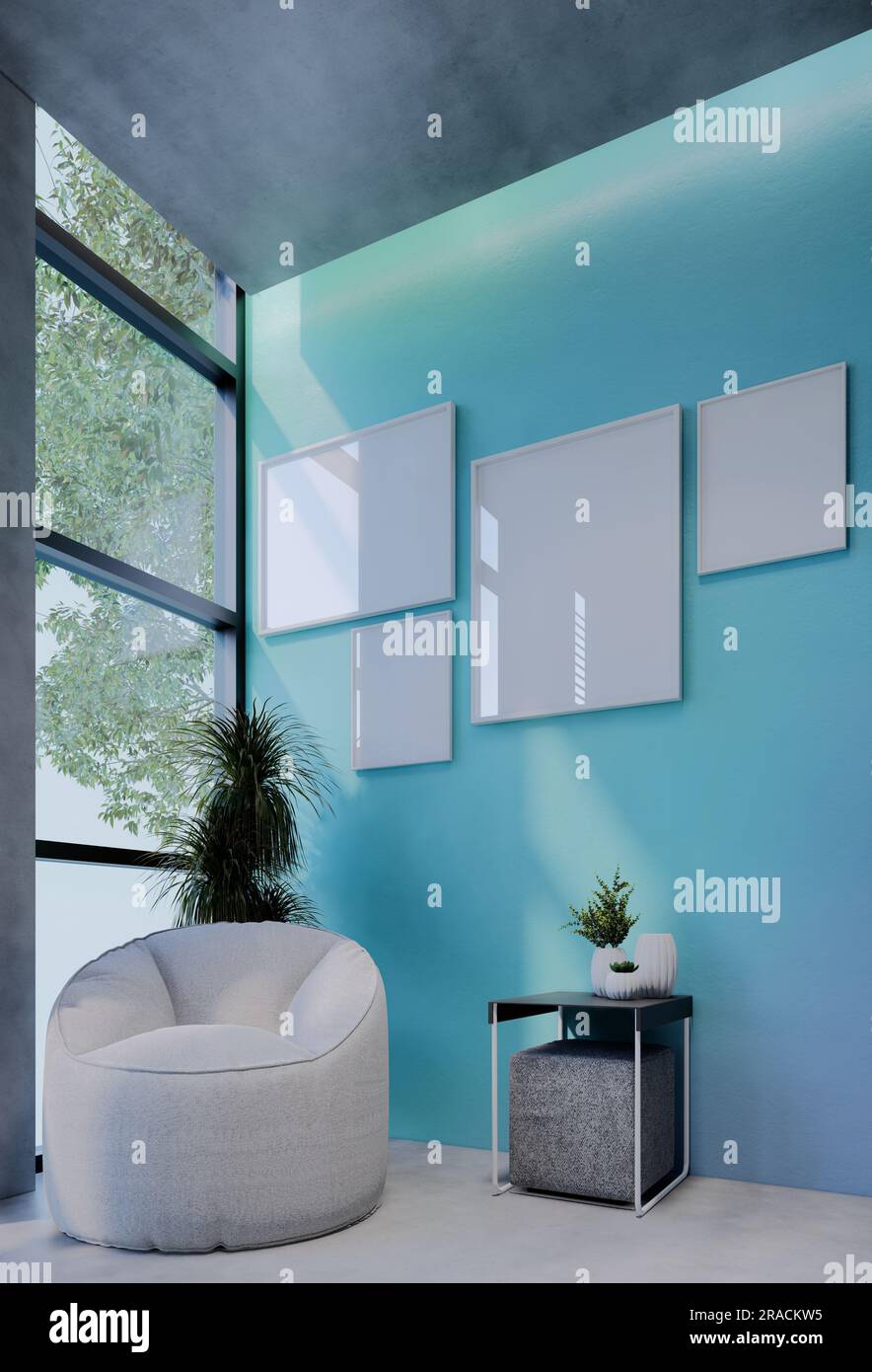 Frame photo mockup with sky blue wall background. 3D Render ...
