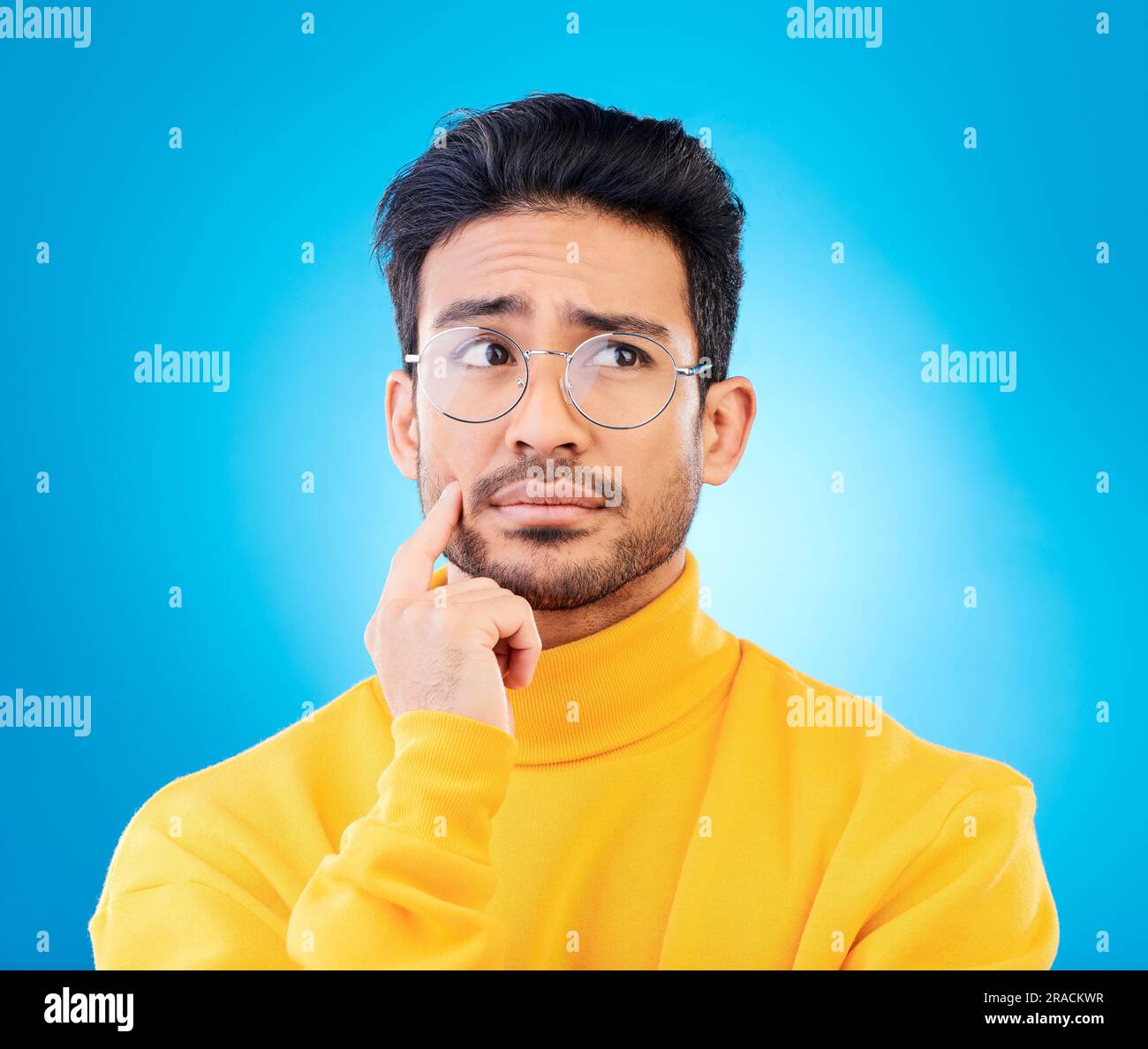 Thinking, face or studio man planning solution, problem solving ...