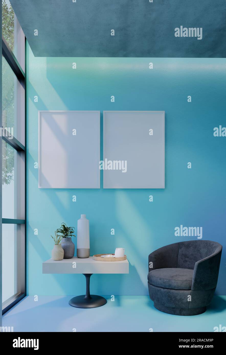 Frame photo mockup with sky blue wall background. 3D Render ...