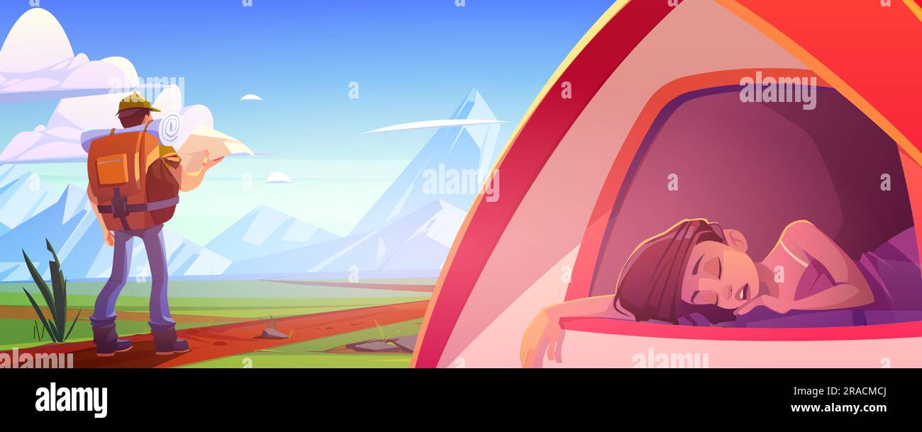 People in camp with tent in mountain valley. Tourist with backpack and ...