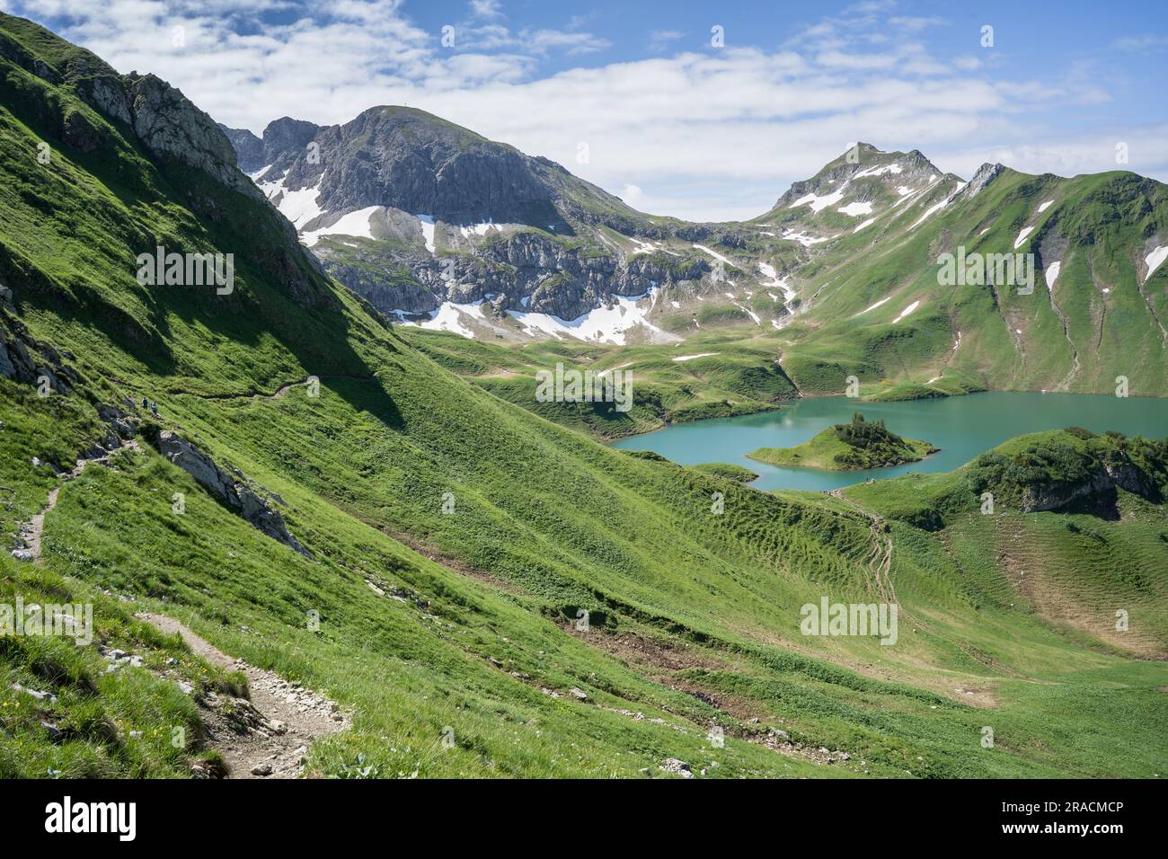Beautiful mountain lake Schrecksee in German Alps during summer hike ...