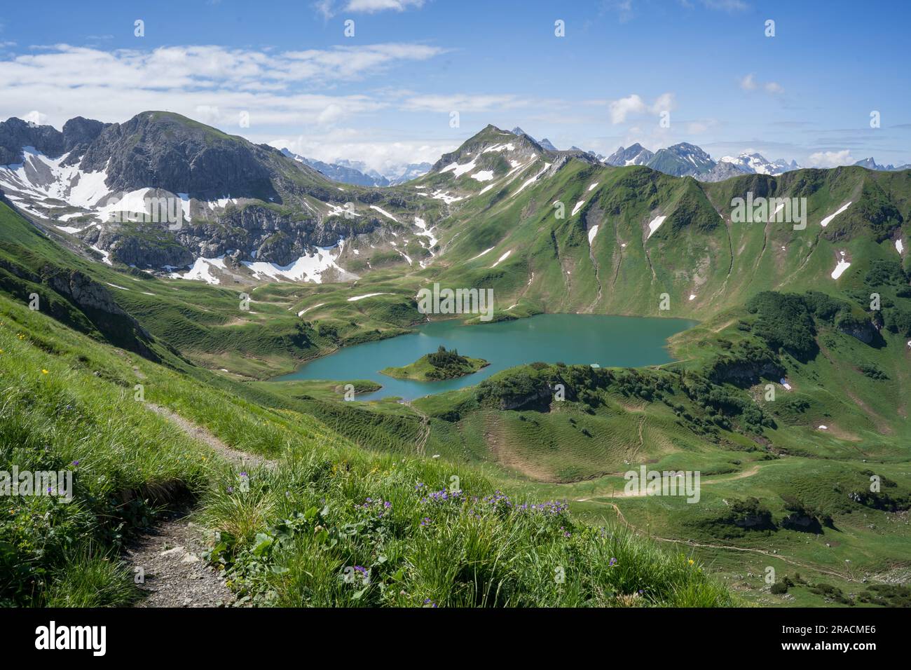 Beautiful mountain lake Schrecksee in German Alps during summer hike ...