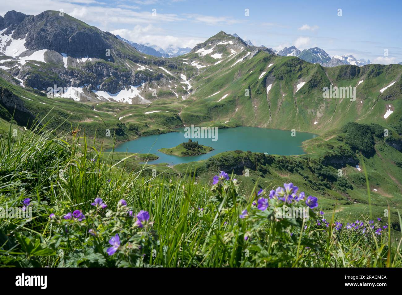 Beautiful mountain lake Schrecksee in German Alps during summer hike ...
