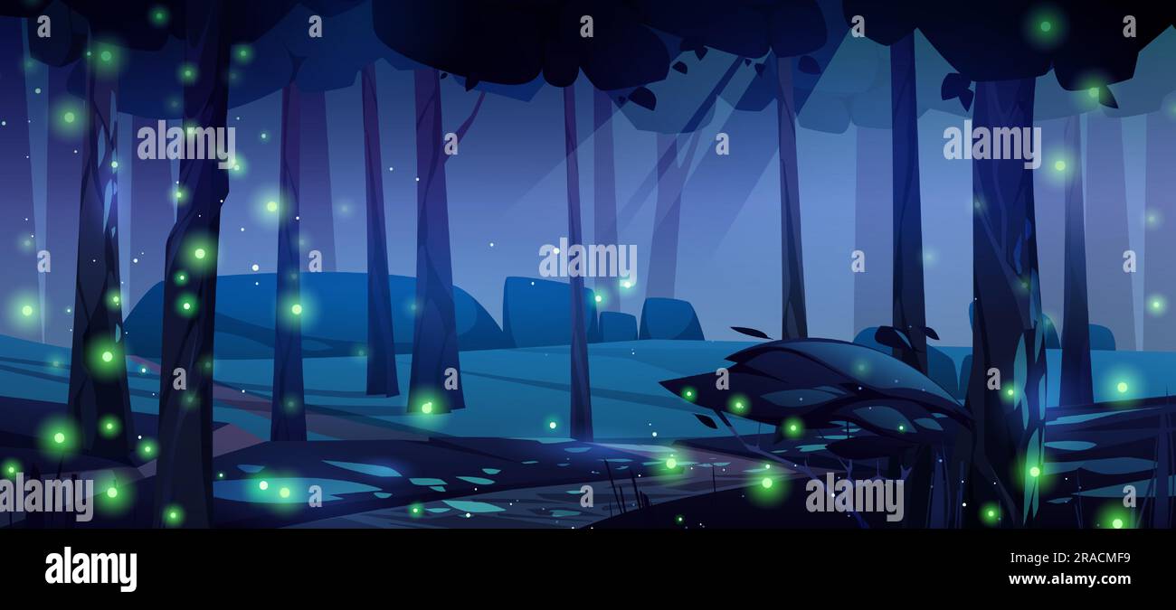 Night forest background with green fireflies glowing in darkness ...