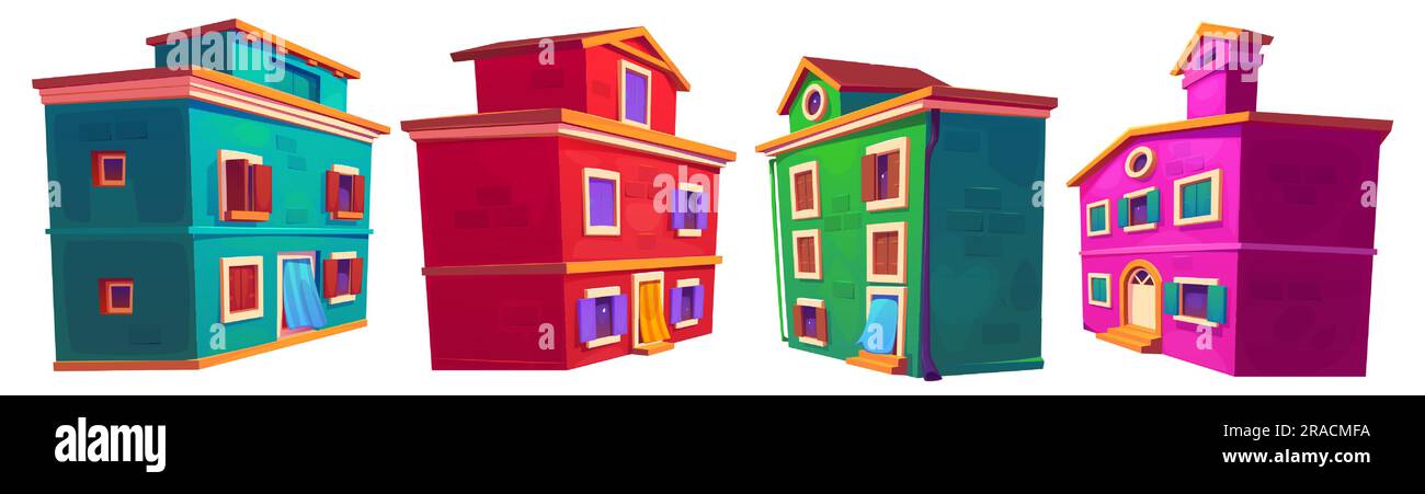 Old italy town street house cartoon vector illustration set. Vintage ...