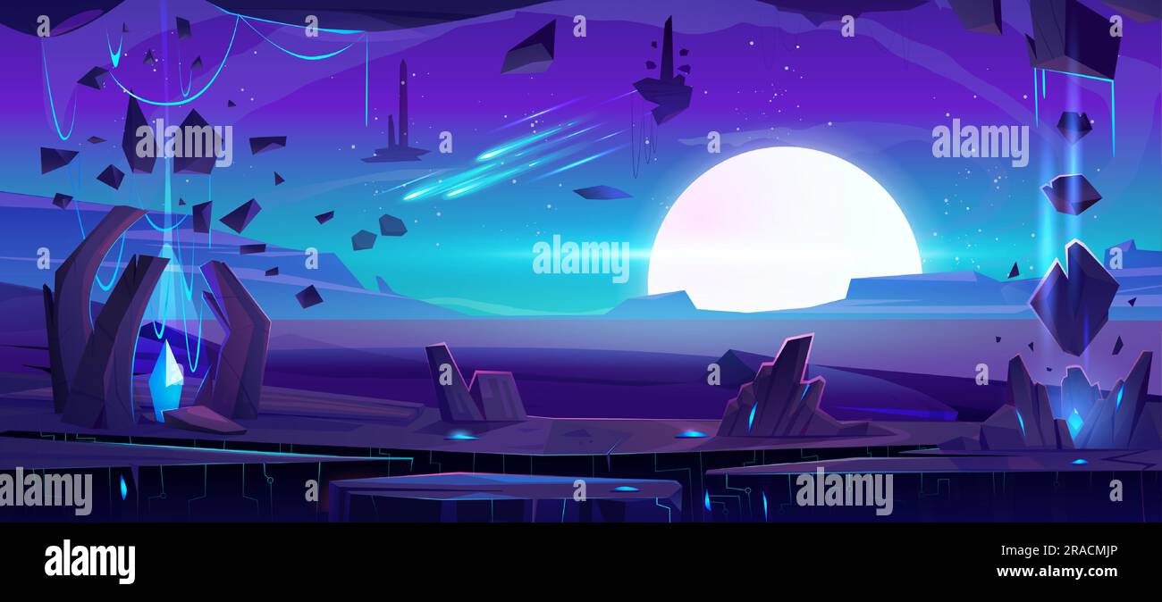 Alien planet surface with crystal in cave. Vector cartoon illustration ...