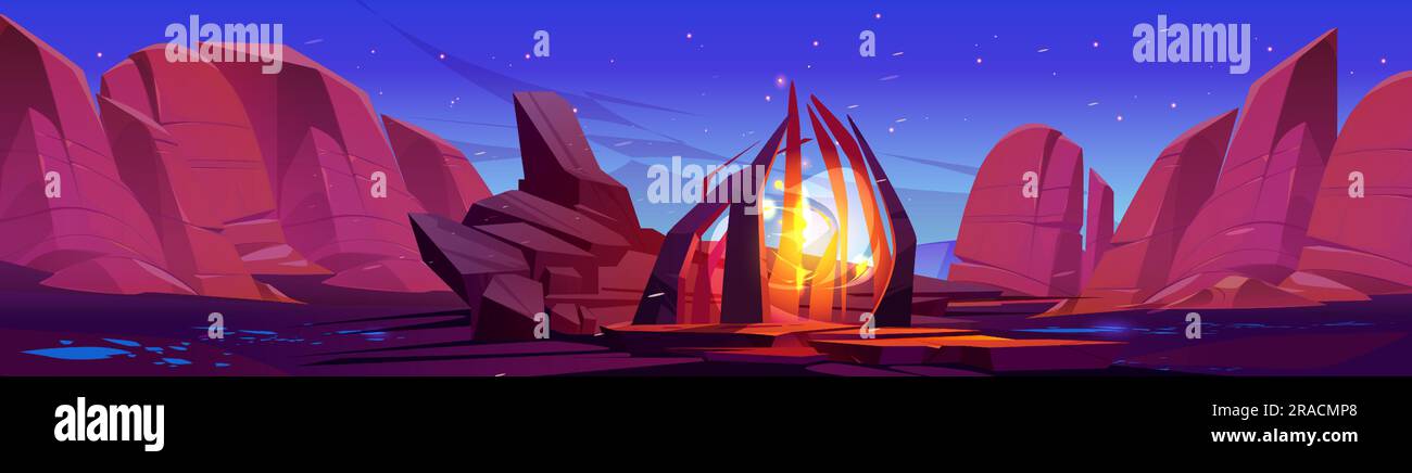 Desert with magic stone portal at night. Vector cartoon illustration of ... Desert with magic stone portal at night. Vector cartoon illustration of ...